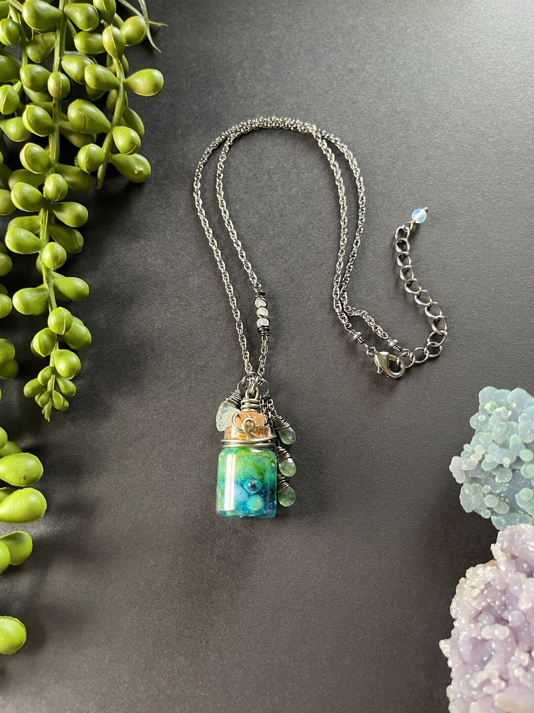 Potion Necklace: Moss and Quartz Glass Bottle Pendant - Etsy