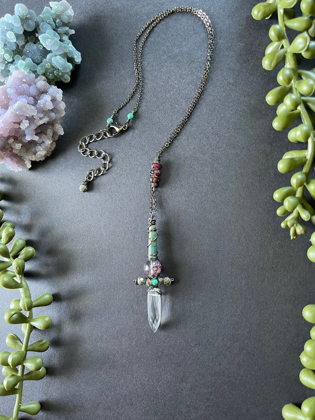 Short Wire Wrapped Crystal Sword Necklace With Clear Quartz, Amethyst ...