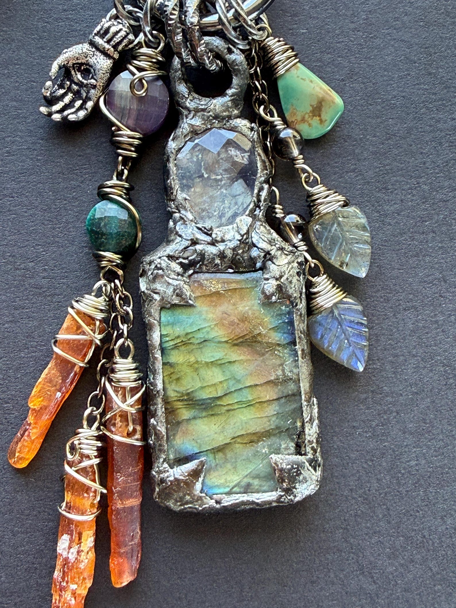 Long Rainbow Moonstone & Labradorite Necklace With Orange Kyanite ...