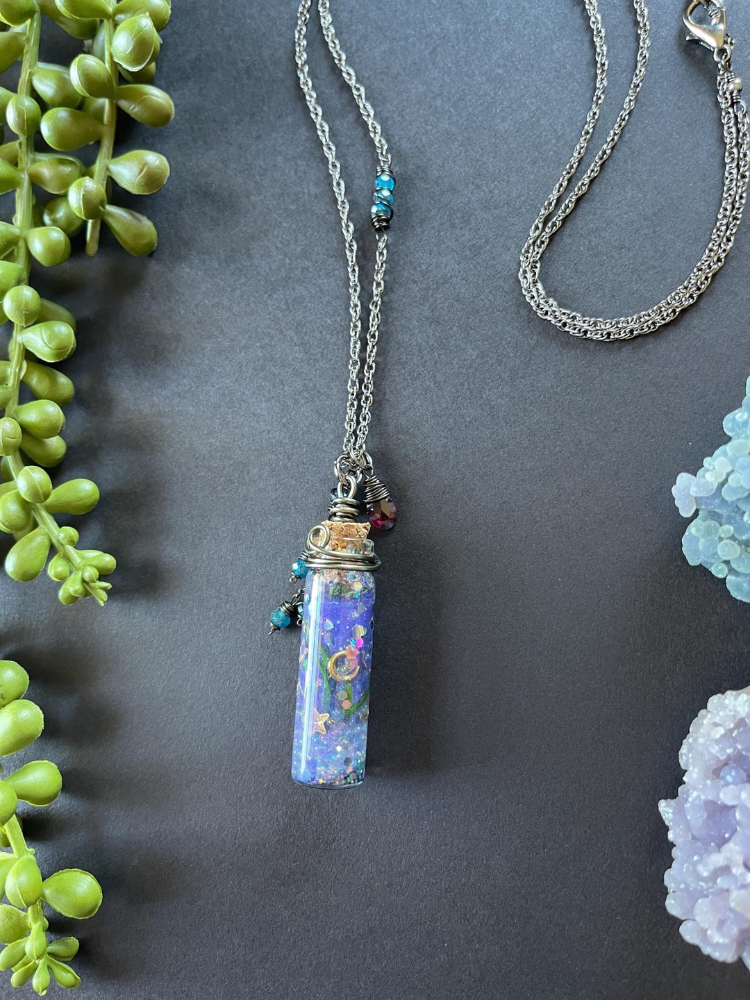 Long Potion Bottle Necklace With Neon Blue Apatite and Red Garnet ...
