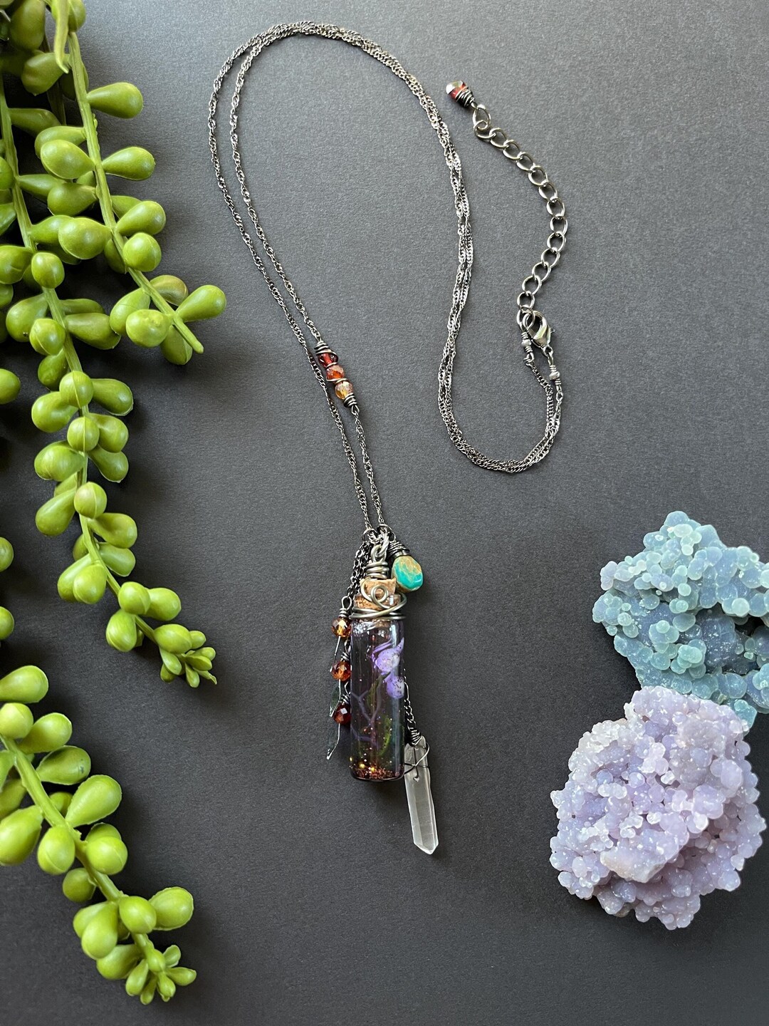 Long Potion Bottle Necklace With Ruby and Amethyst Potion Necklace Glass Bottle Necklace ...