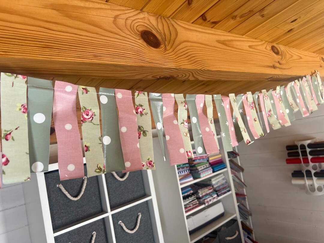Handmade Oilcloth Outdoor Strip Bunting Sage Star Pink Spot Flower 6ft ...