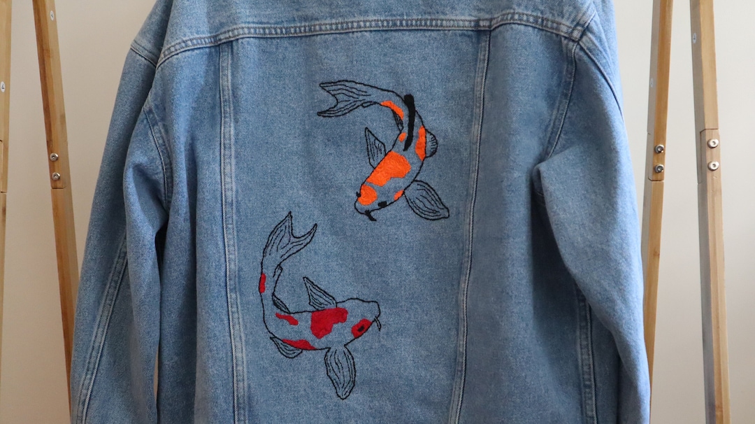 Hand Embroidered Denim Jacket Denim Jacket Coy Fish Jacket - Etsy