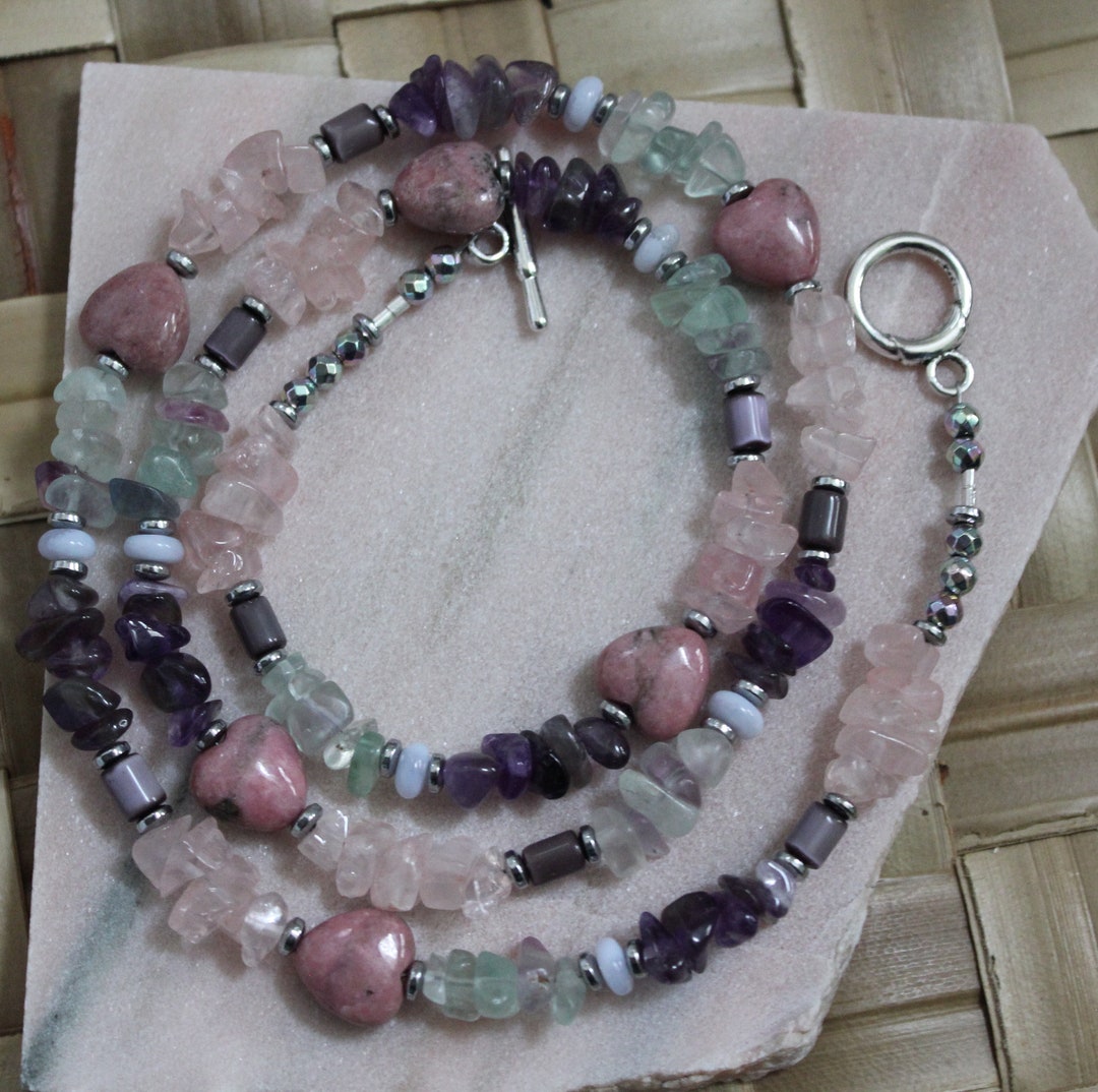ROSE QUARTZ RHODONITE Necklace Blue Lace Agate Necklace Fluorite ...