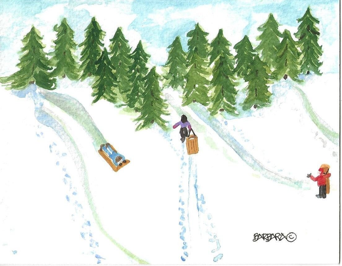 Sledding, Winter Sport, Snow, Kids in Snow, Watercolor Notecards - No ...