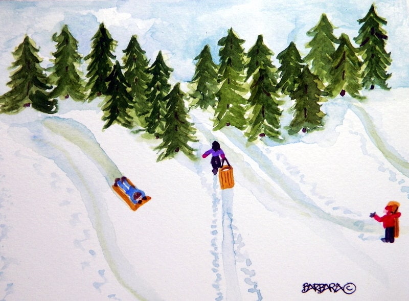 Sledding Winter sport Snow Kids in Snow Watercolor | Etsy