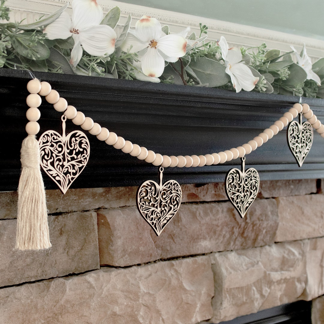 Wood Heart Valentine Garland or Mantel Decoration With Heart Charms ...