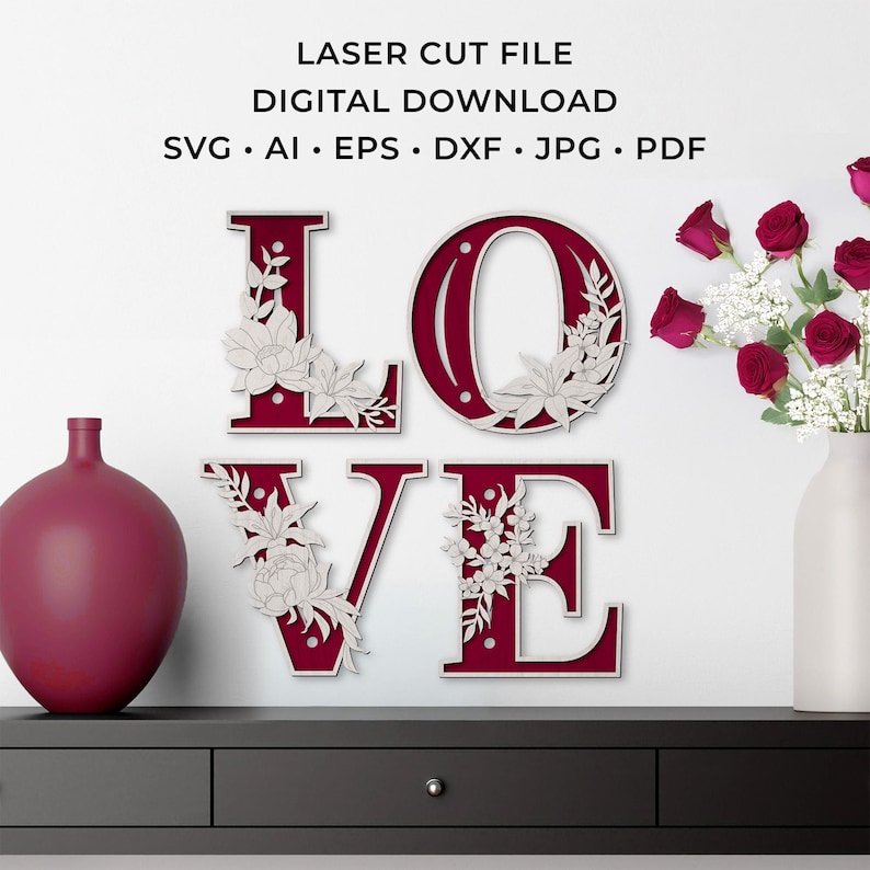 Love Floral Valentine Sign, Wall Art or Table Decoration With Optional ...