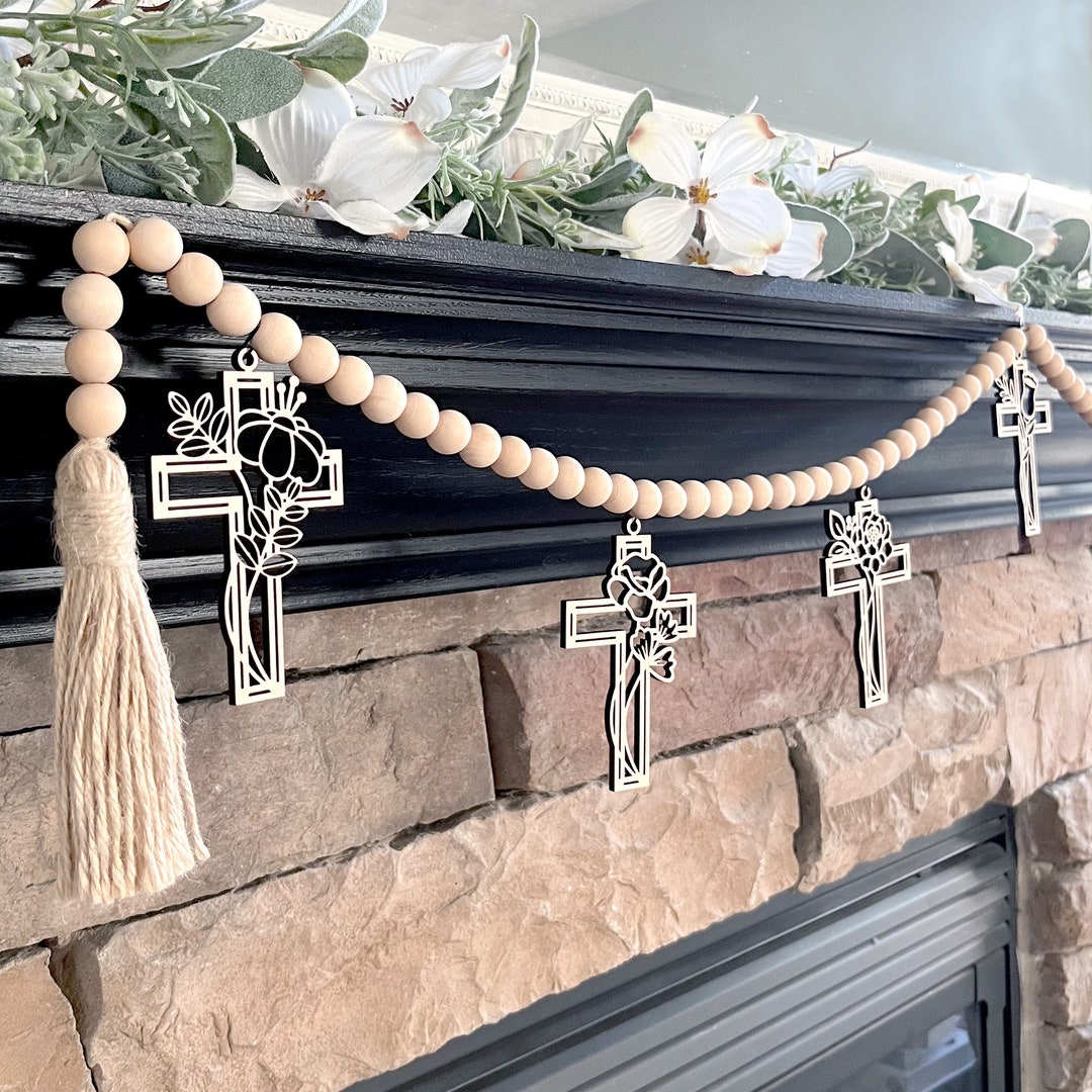 Cross Garland Wood Mantel Decor for Easter or Spring With Cross Charms ...
