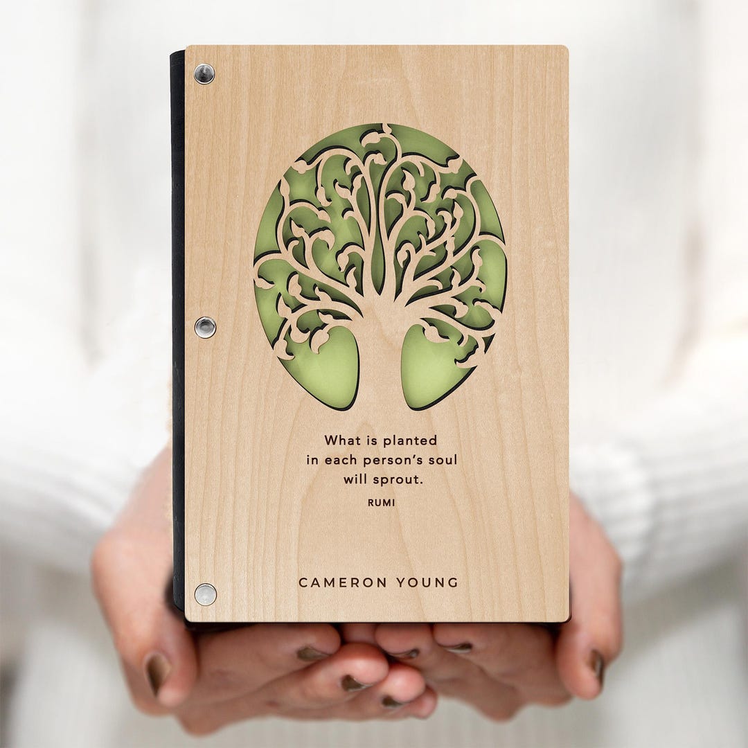 Wood Journal With Tree of Life Design and Rumi Quote, Personalized Name ...