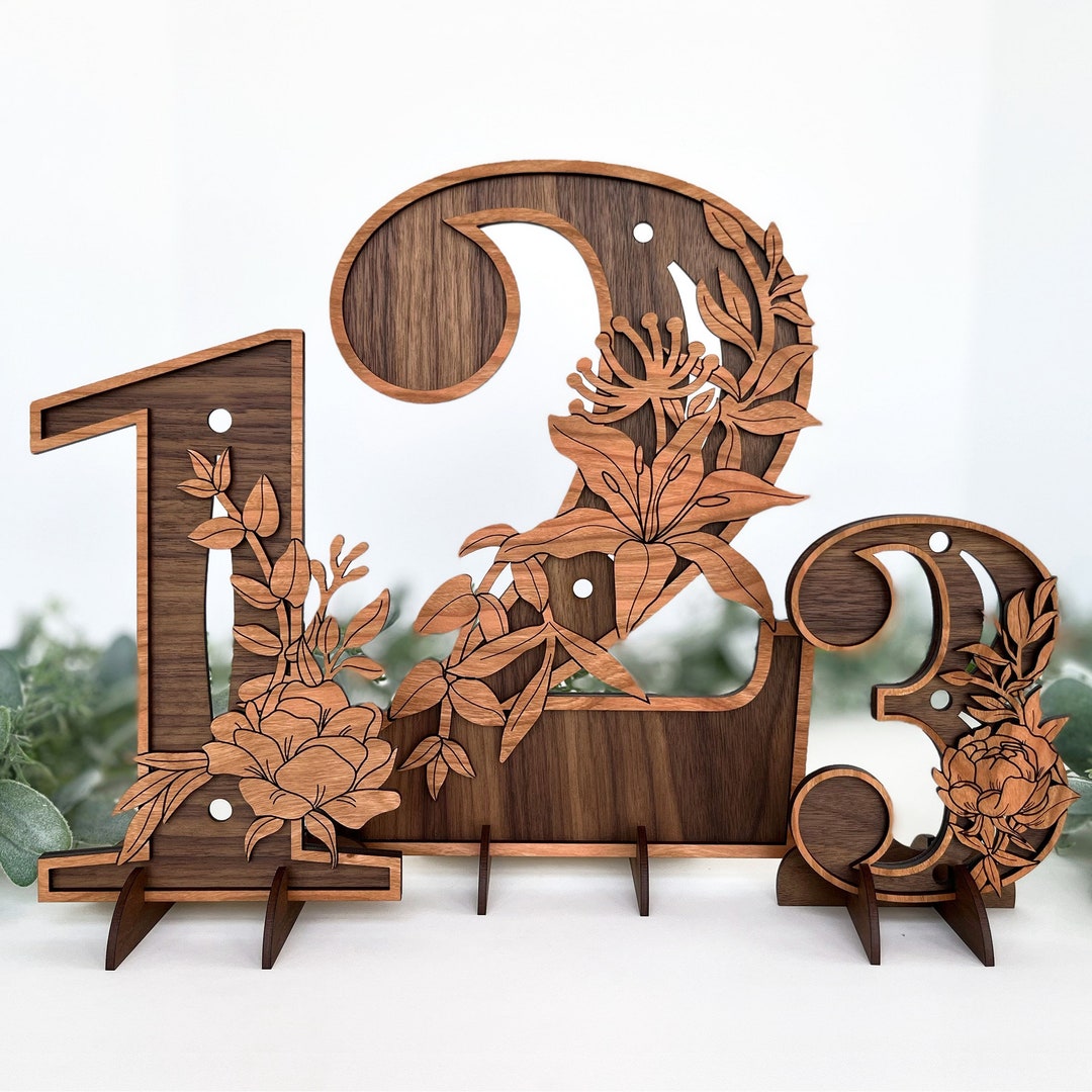 Wedding Table Numbers With Stands, Floral Wood Table Decor in Small ...