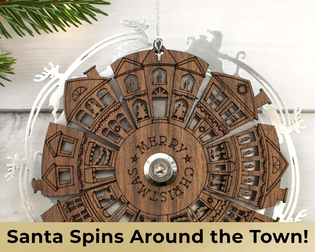 Unique Christmas Ornament With Spinning Santa Over Town - Laser Cut ...