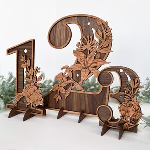 Wedding Table Numbers With Stands, Floral Wood Table Decor in Small ...