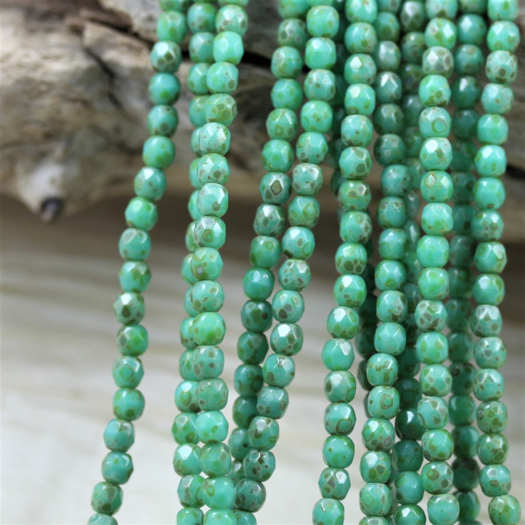 Back! 100pcs 3mm Green Turquoise Picasso Faceted Round Czech Glass ...