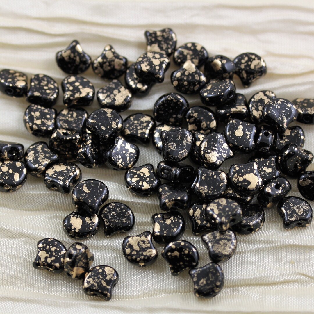 LAST! 10g 7.5x7.5mm Jet Gold Splash 2-hole Ginkgo Leaf Czech Glass ...