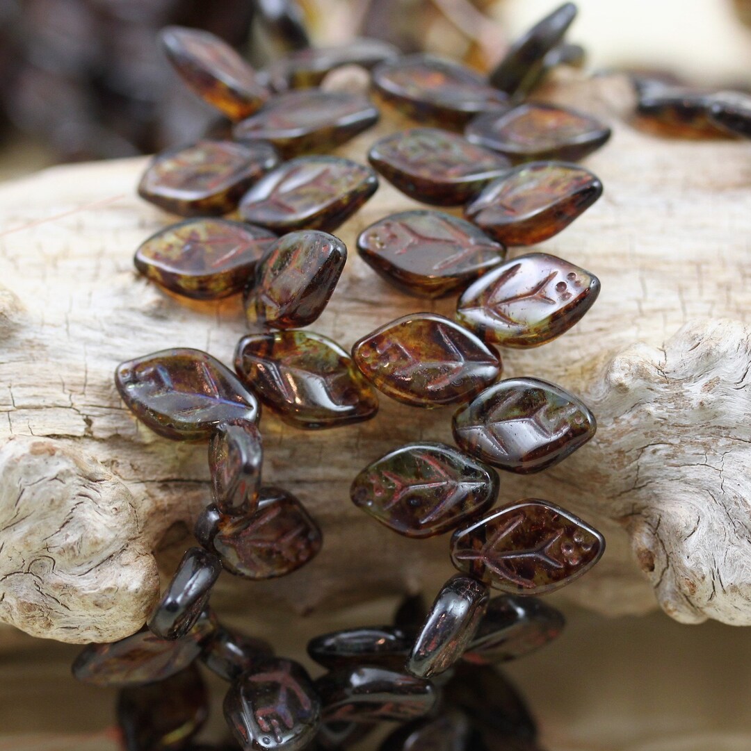 LAST 45pcs 12x7mm Tropical Topaz Picasso Leaves Czech Glass Beads ...
