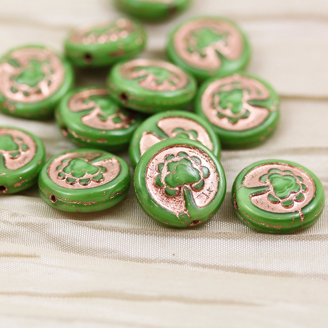 12pcs 14mm Green / Copper Tree of Life Coins Czech Glass Beads - Etsy