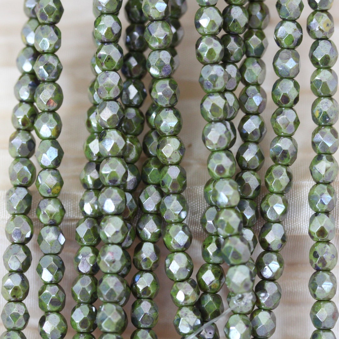 NEW! 100pcs 4mm Olive Picasso Luster Faceted Round Czech Glass Beads ...