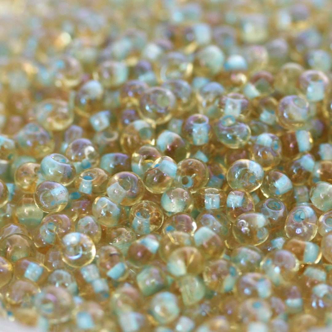 Discontinued 30g 3.4mm Light Topaz AB / Pale Blue Lined Toho Drop Beads - 30grams, Fringe Beads ...