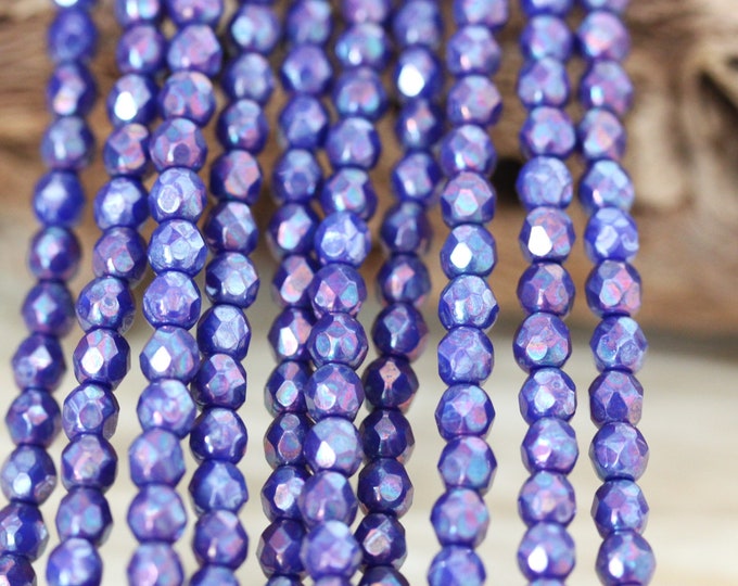 NEW! 100pcs 4mm Royal Blue / Nebula Faceted Round Czech Glass Beads ...