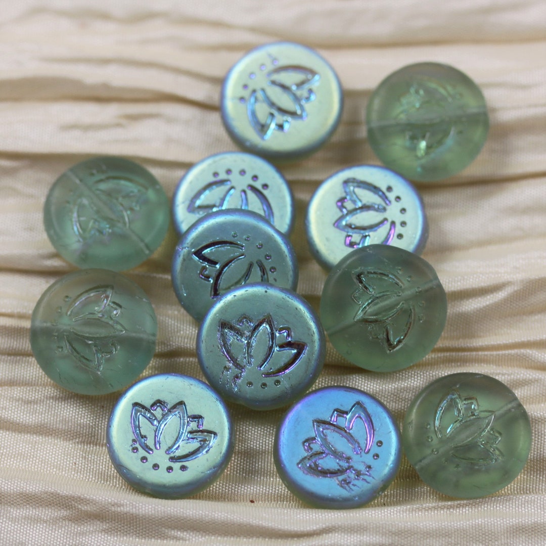 12pcs 12mm Matte Green Tourmaline / AB Coin With Lotus Flower Czech ...