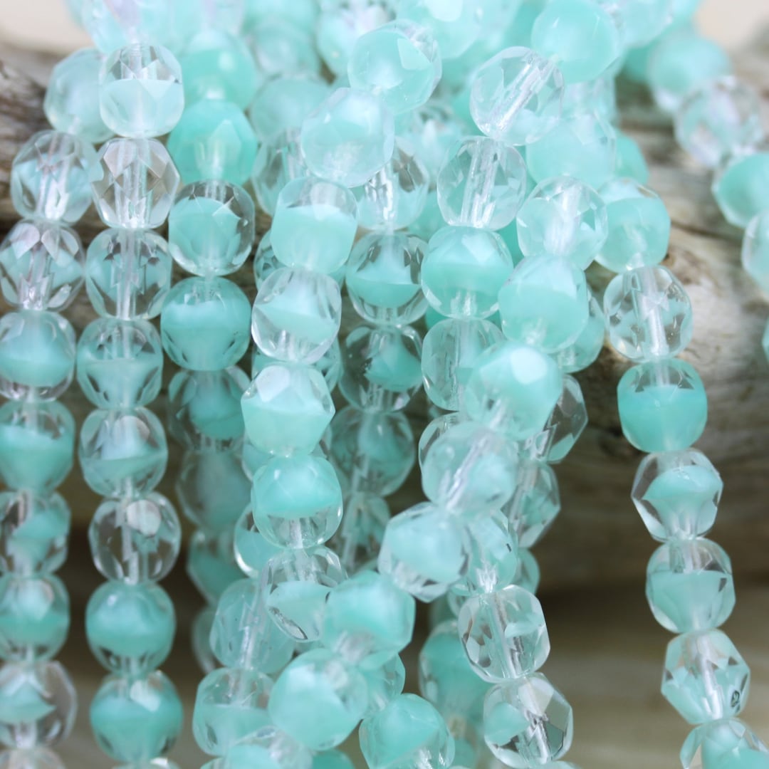50pcs 6mm Crystal / Mint Green Fire Polished Faceted Round Czech Glass ...