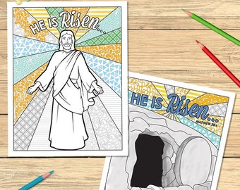 Easter Coloring Page He is Risen Matthew 28:6 Easter Printable | Etsy