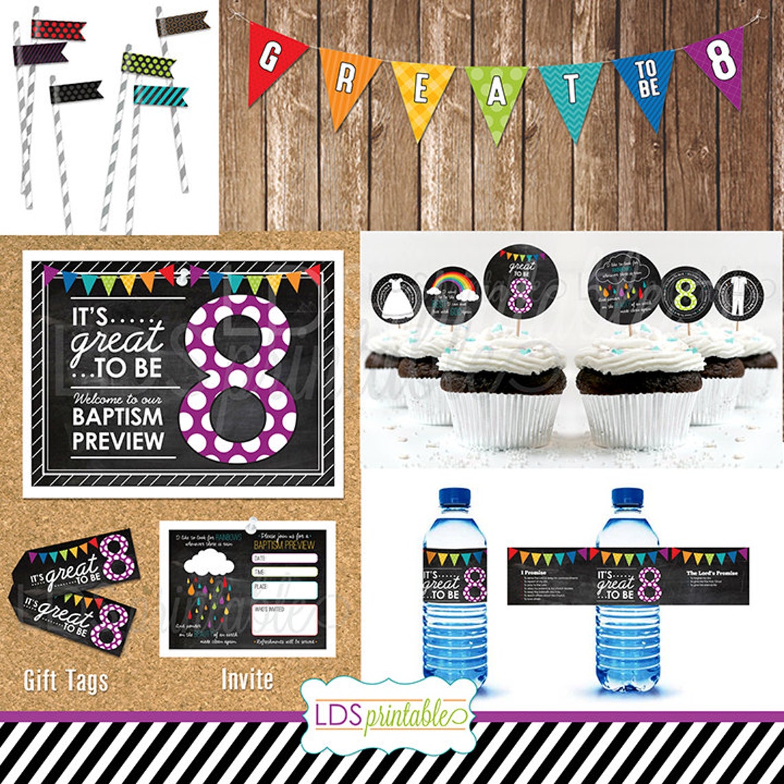 LDS Baptism Rainbow Great to Be Eight 8 Baptism Decor Set Banner Water ...