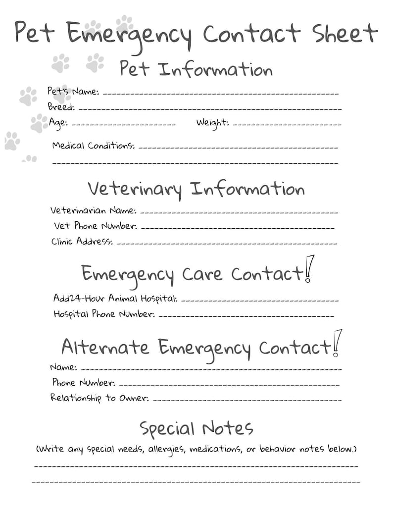Pet Emergency Contact Sheet Printable – Handwritten Chaotic Style – Pet ...