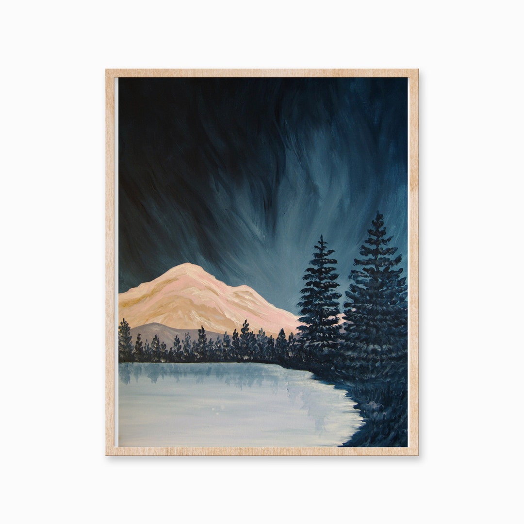 Night Sky Print, Mountain Print, Evergreen Print, Northern Lights ...
