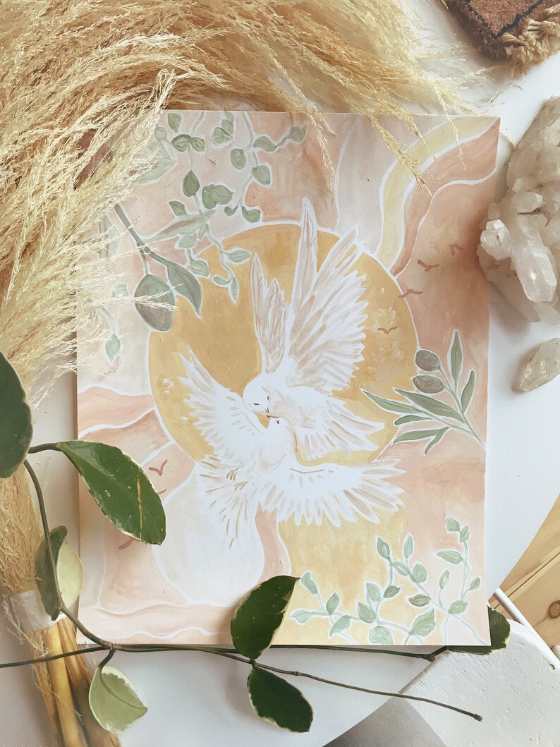 Doves and Olive Branch Print Dove and Moon Print Peace Art - Etsy