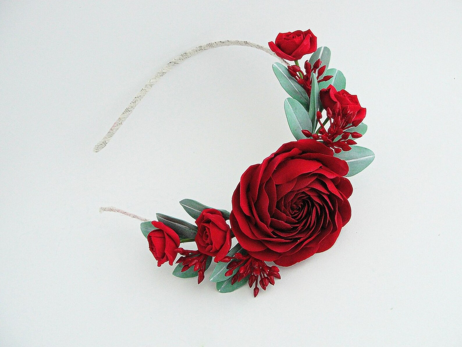 Eucalyptus Red rose crown red wedding flower crown chinese | Etsy