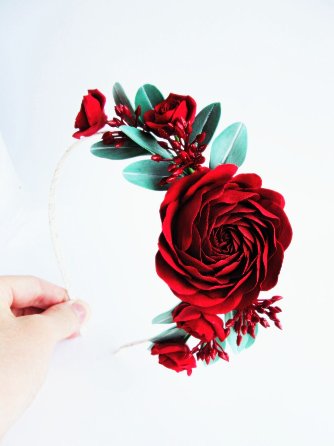 Eucalyptus Red Rose Crown, Red Wedding Flower Crown, Chinese Wedding ...