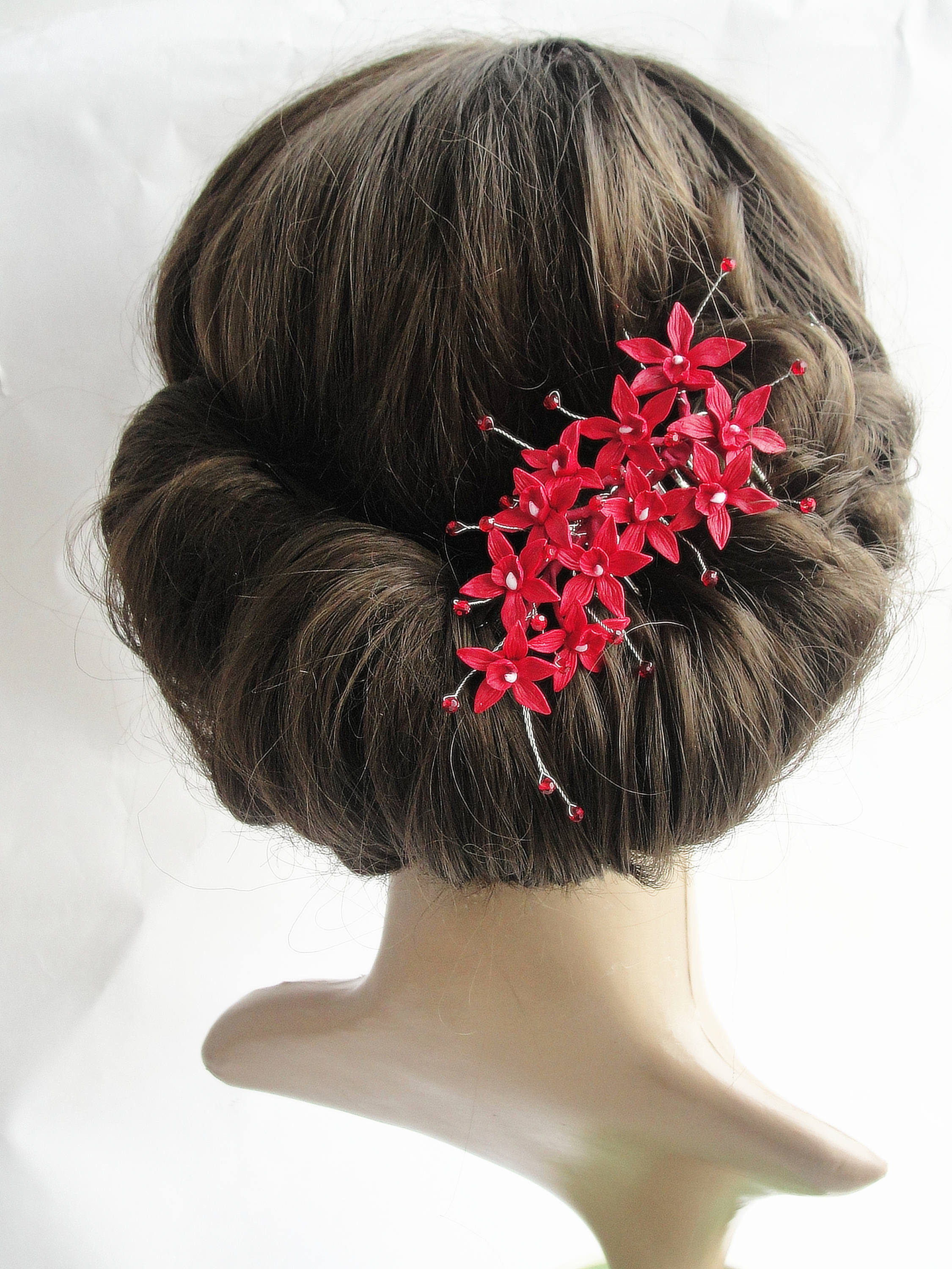 Red orchid hair comb Red Wedding hair piece Red Crystal hair | Etsy