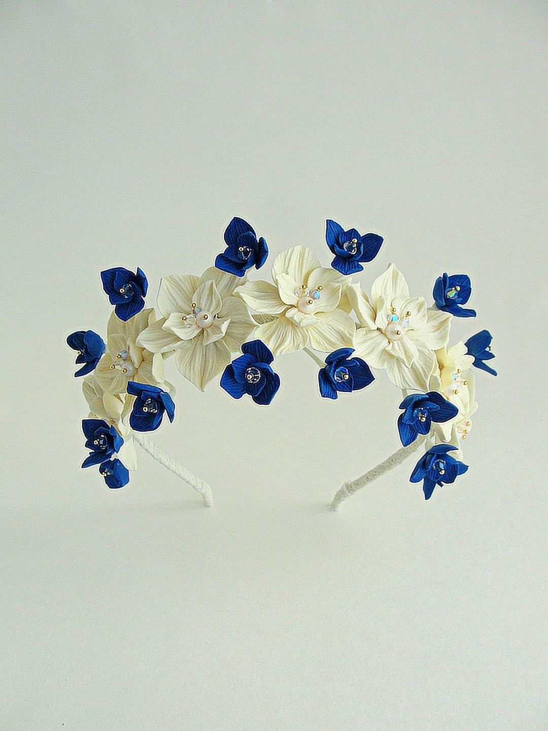 Ivory Gold Navy Blue Flower Wedding Tiara, Ivory Gold Navy Blue Bridal ...
