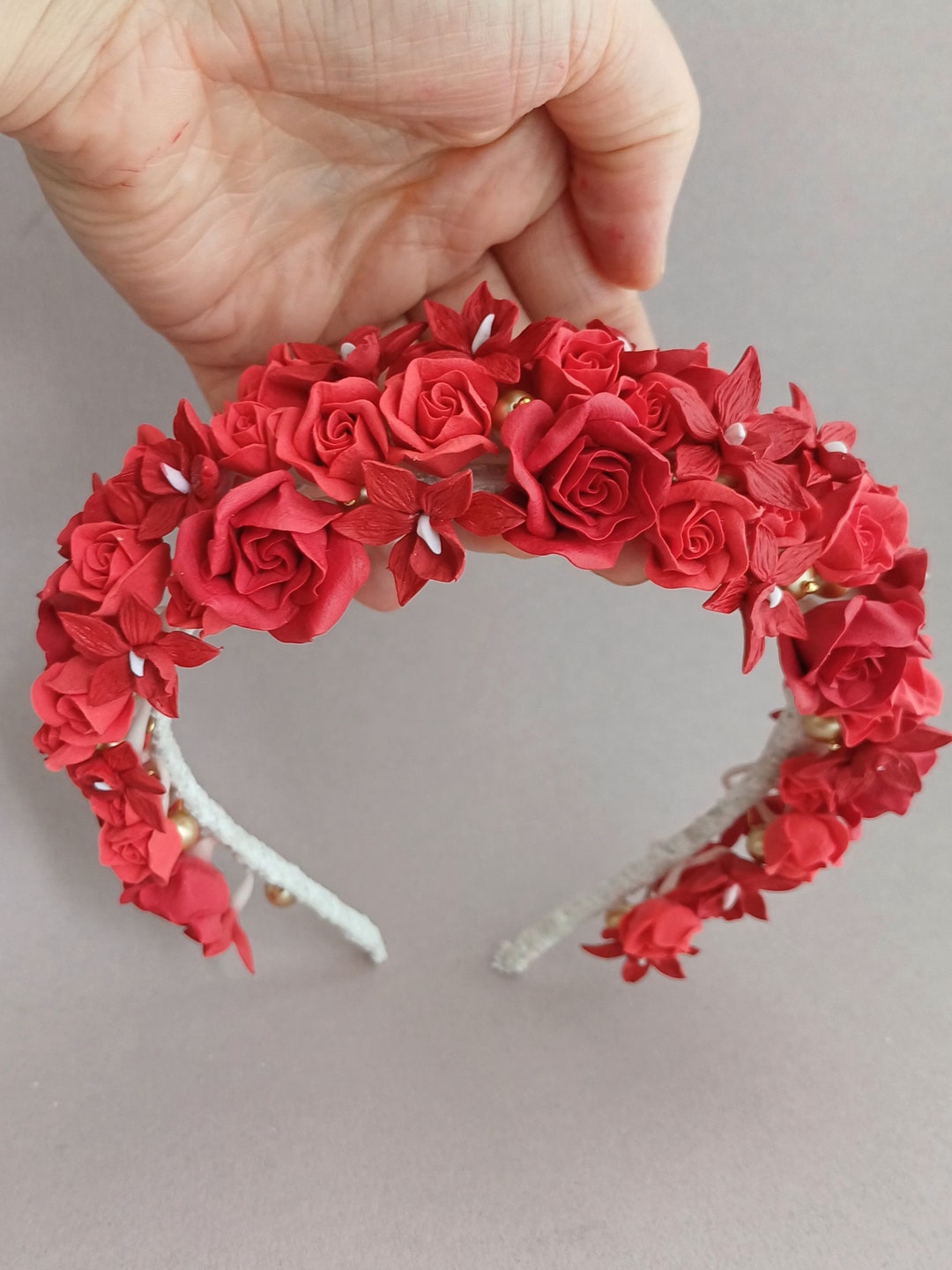 Red Rose Orchid Hair Tiara, Red Flowers Bride Hairpiece, Red Wedding ...