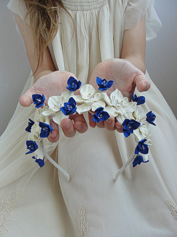 Ivory Gold Navy Blue Flower Wedding Tiara Ivory Gold Navy | Etsy
