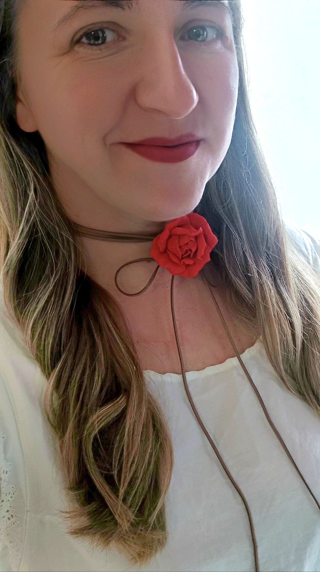 Red Rose Flower Choker Necklace, Rose Necklace, Red Brown Rose Choker ...