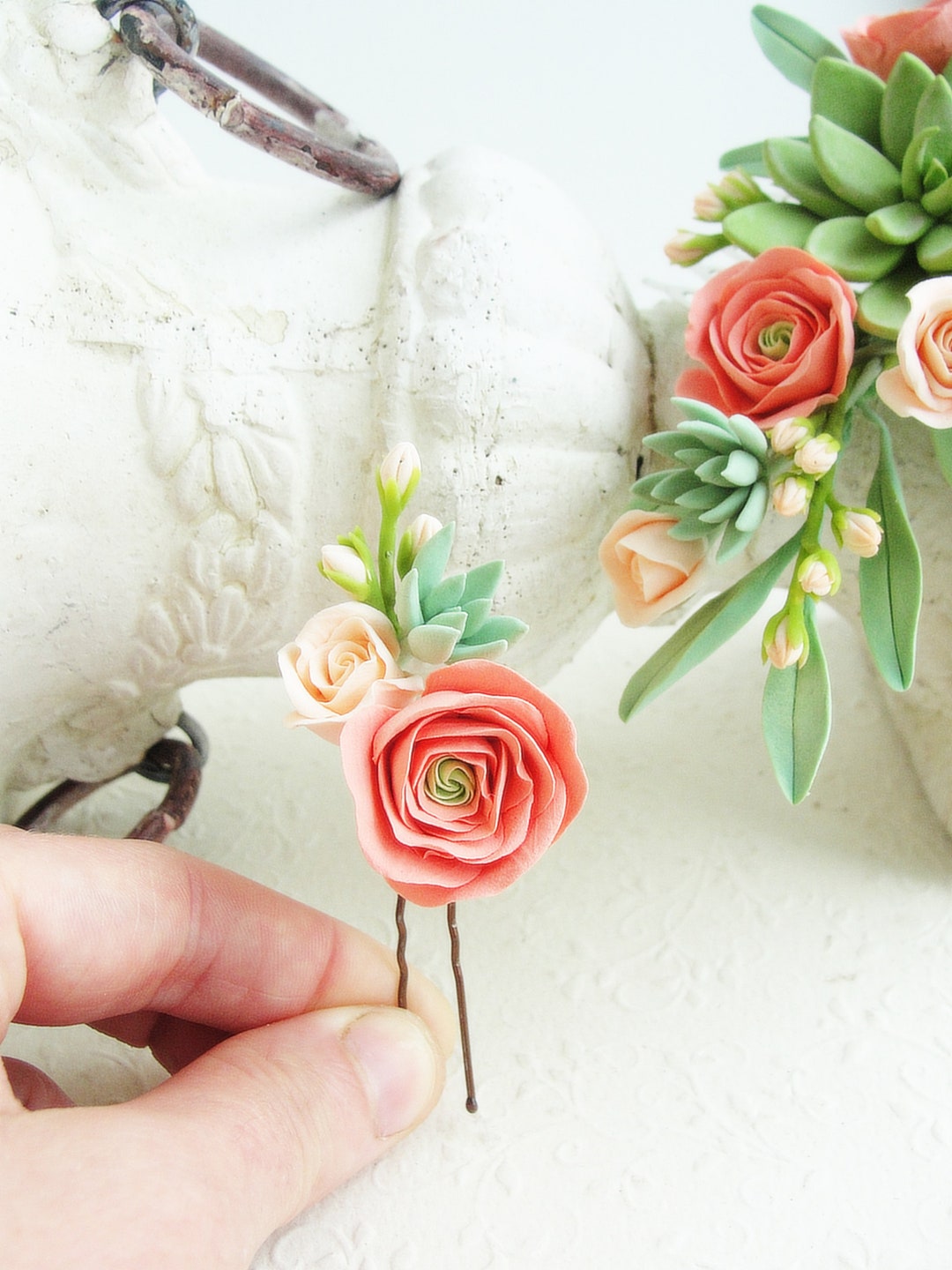 Peach Coral Green Succulent Flower Hair Pin 1 Piece, Coral Peach Floral ...