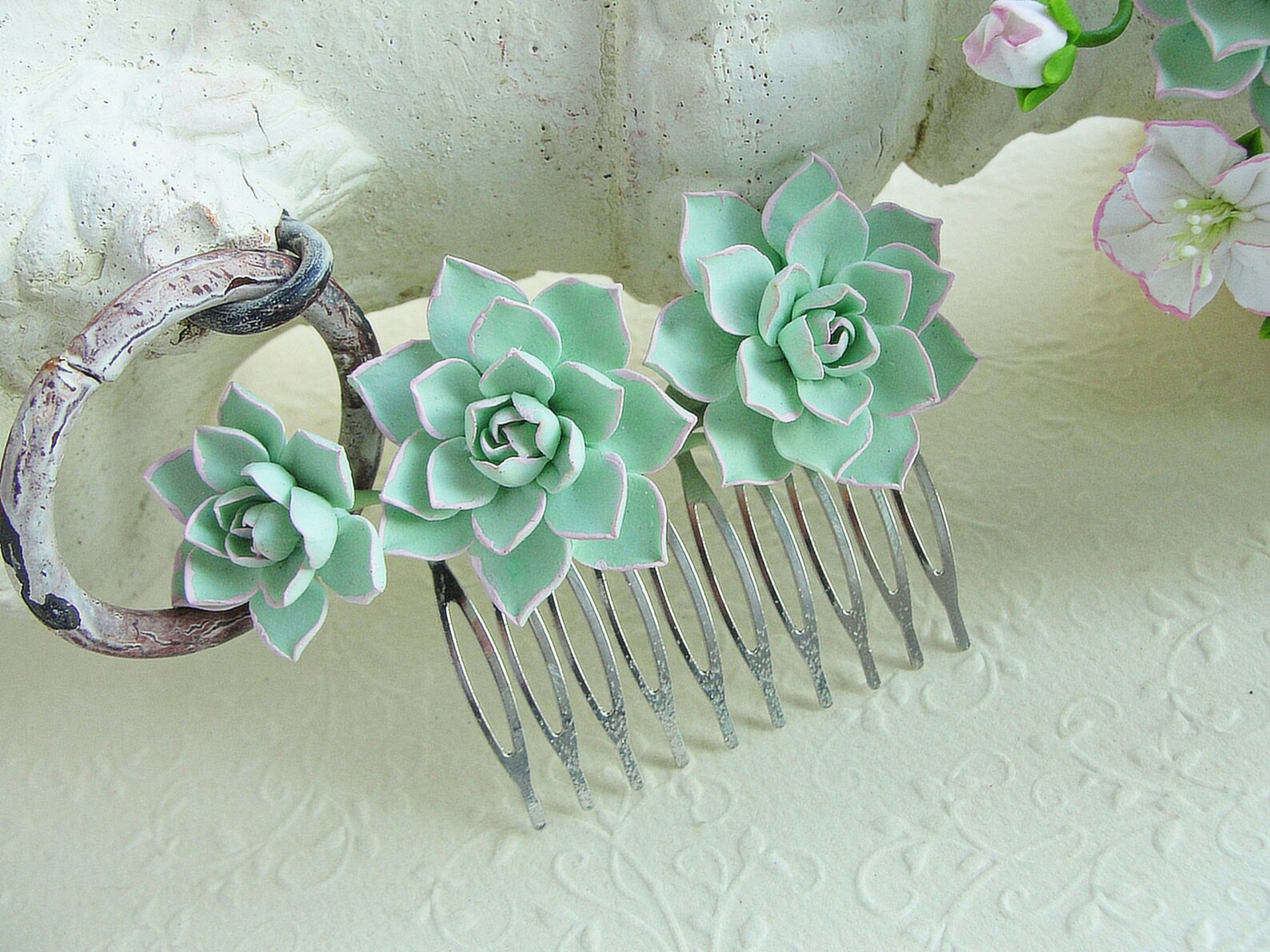 Light Mint Green Pink Succulent Hair Comb Small Succulent Comb Plants ...