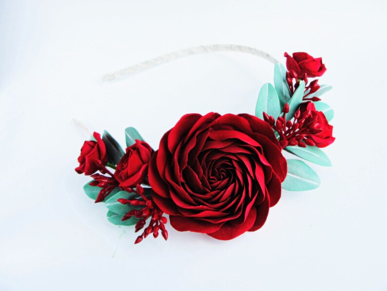 Eucalyptus Red rose crown red wedding flower crown chinese | Etsy