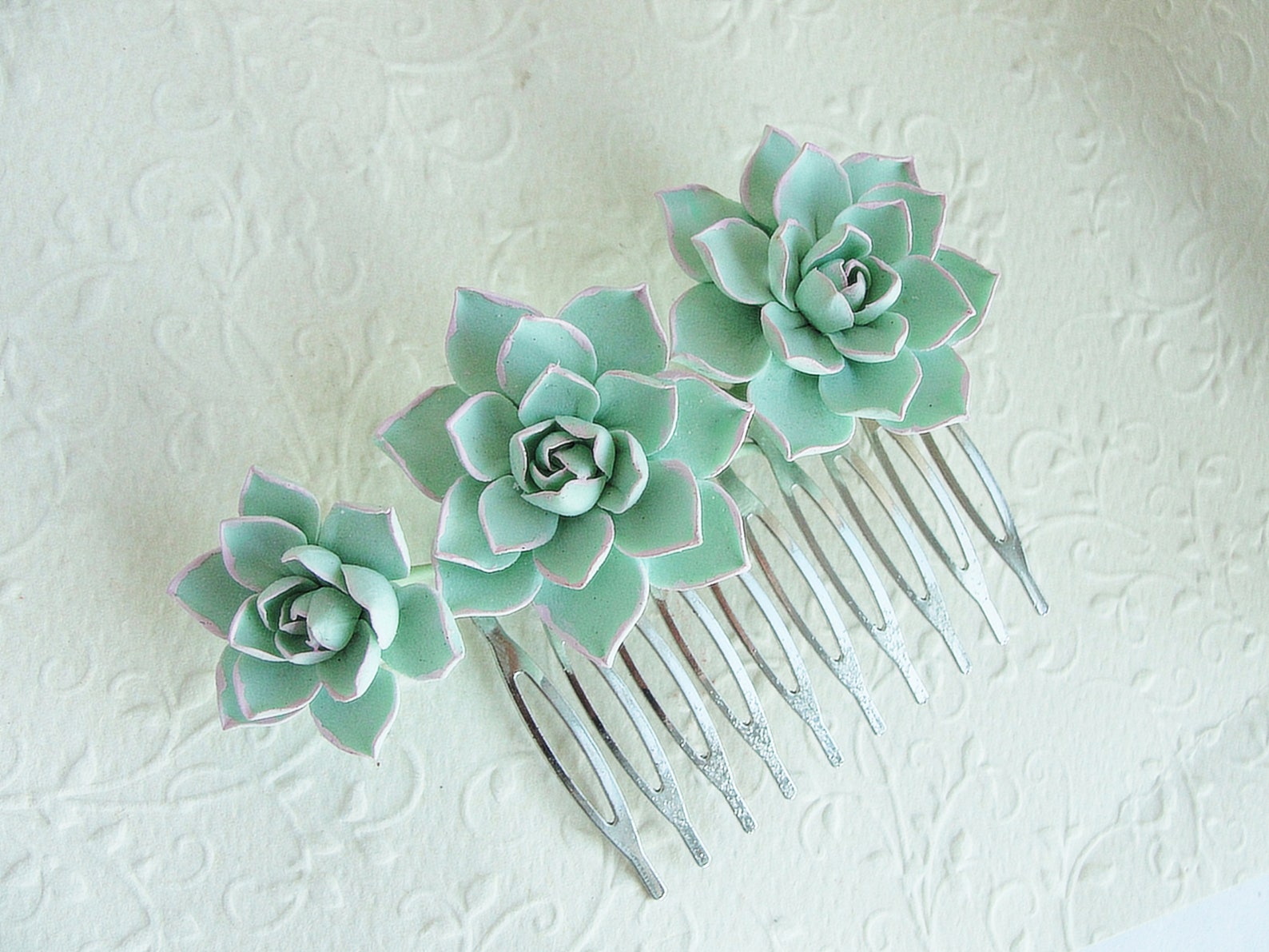 Light Mint Green Pink Succulent Hair Comb Small Succulent Comb Plants ...