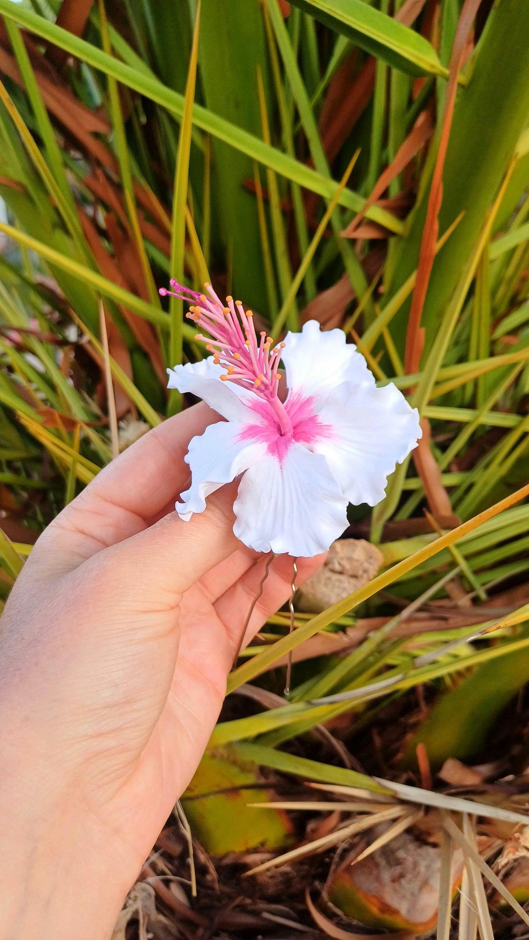 White Pink Flower Hibiscus Hair Pin, White Pink Flower Hair Barrette ...