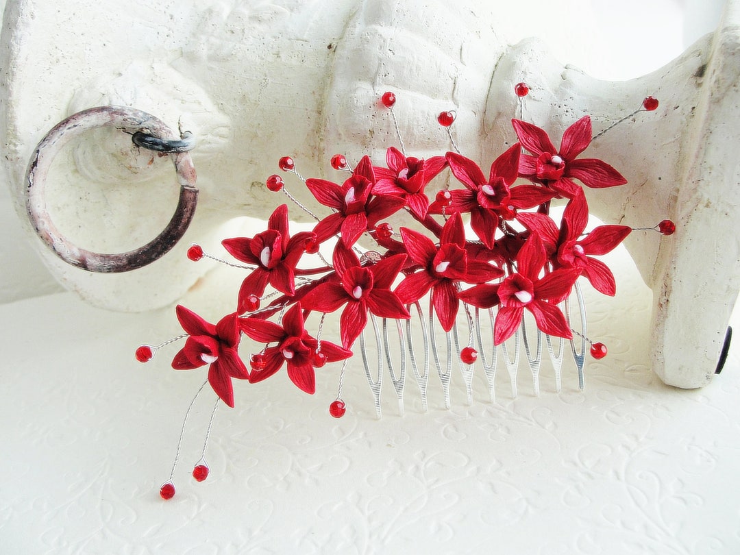 Red Orchid Hair Comb Red Wedding Hair Piece Red Crystal Hair Comb Red ...
