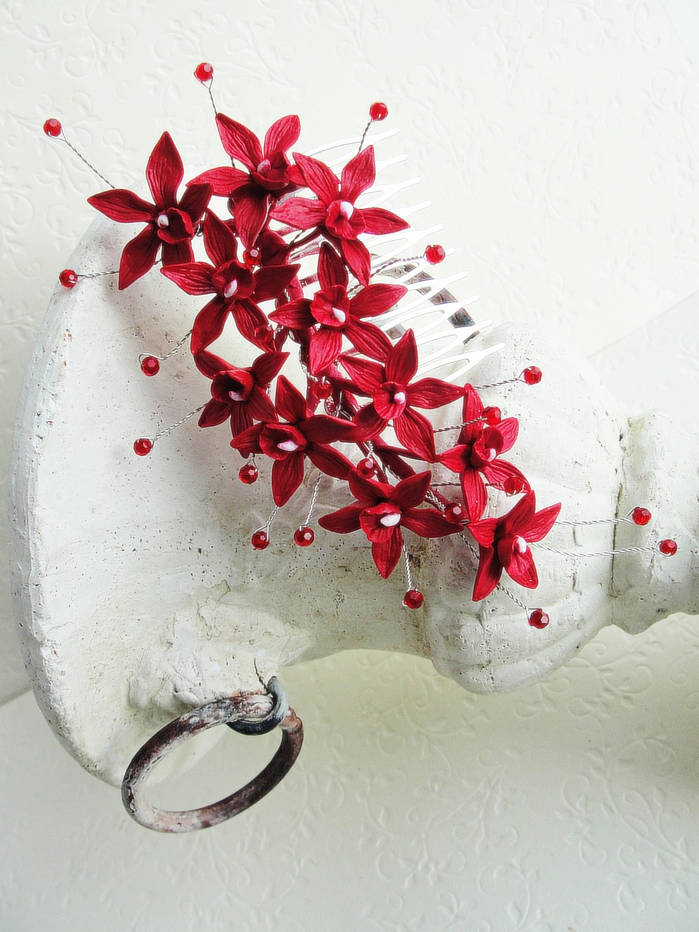 Red orchid hair comb Red Wedding hair piece Red Crystal hair | Etsy