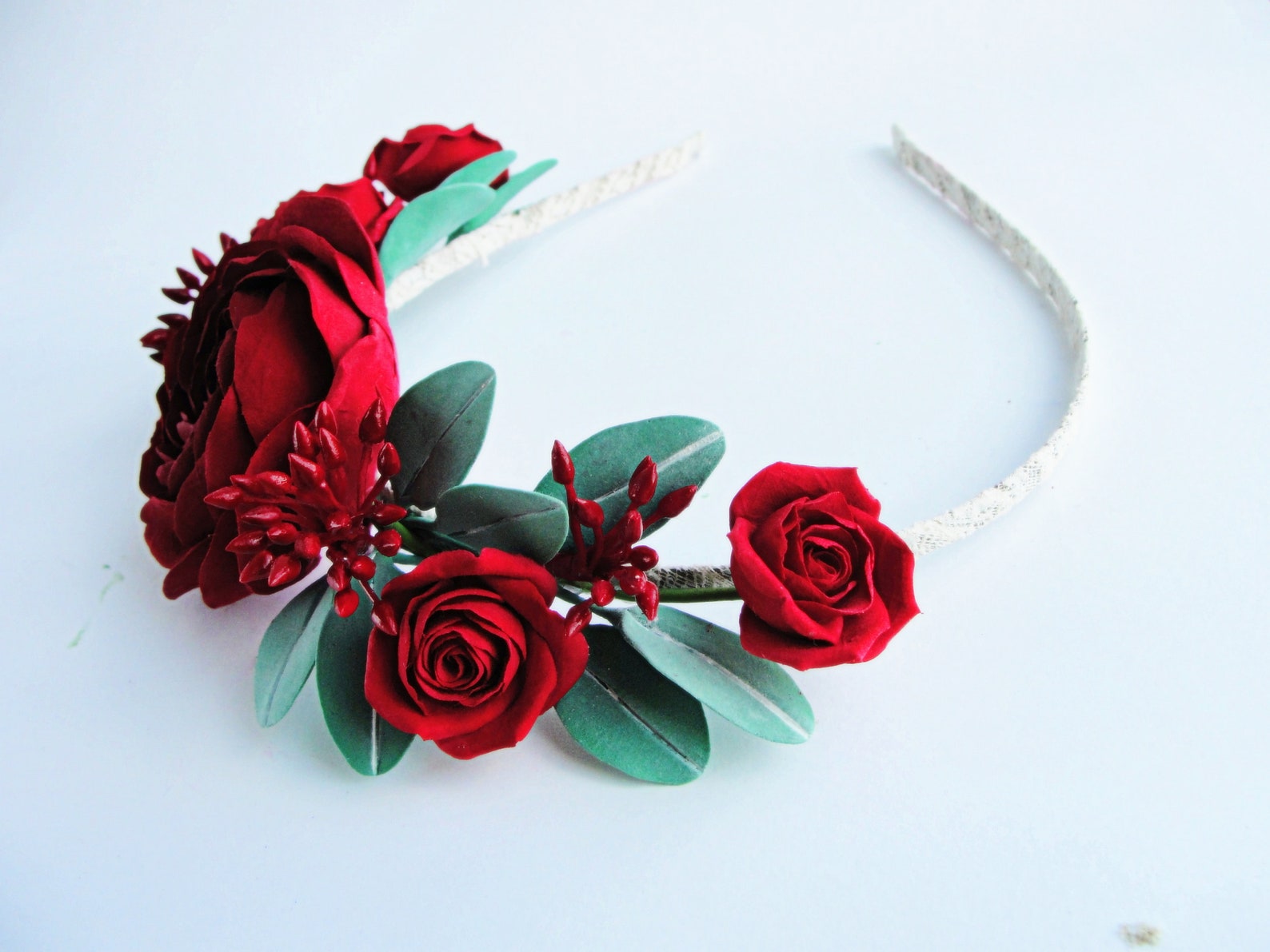 Eucalyptus Red rose crown red wedding flower crown chinese | Etsy