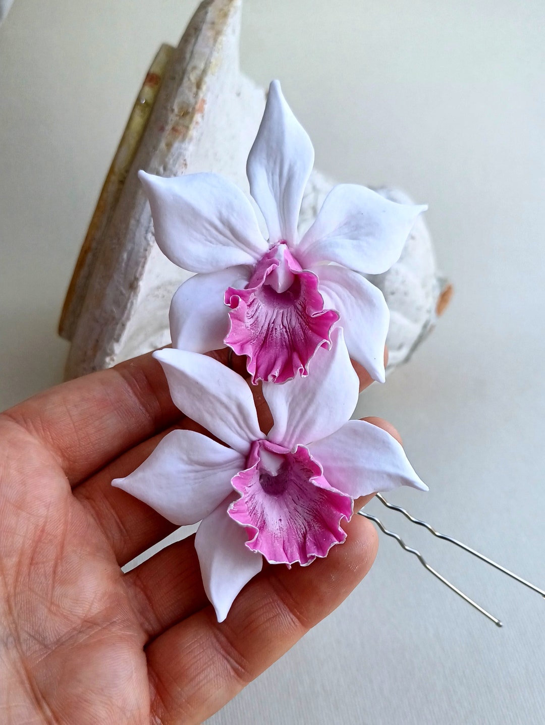 Cattleya Orchid Wedding Hair Pin Set2, White Pink Cattleya Bridal Hair ...