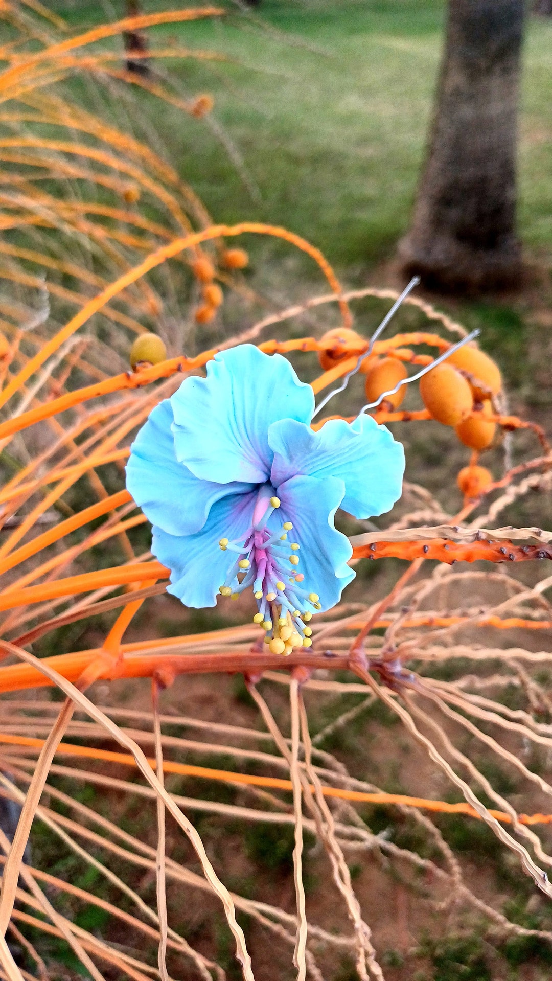 Blue Pink Flower Hibiscus Hair Pin, Blue Flower Hair Barrette, Hibiscus ...
