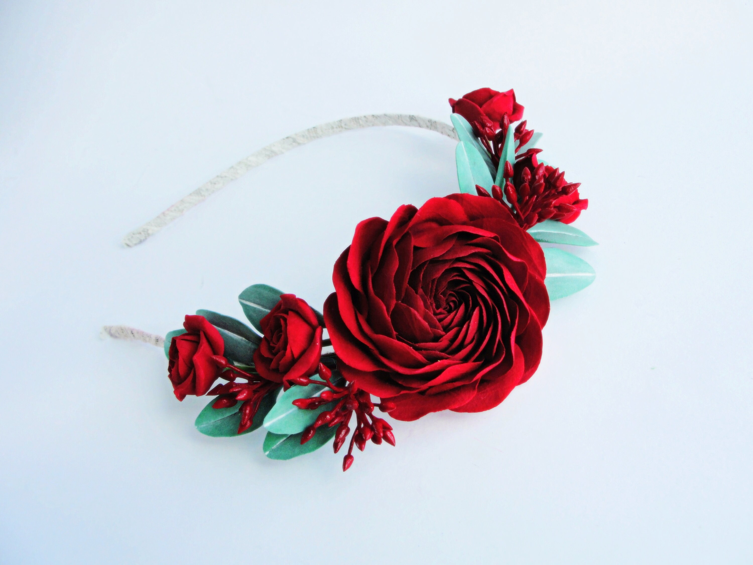 Eucalyptus Red rose crown red wedding flower crown chinese | Etsy
