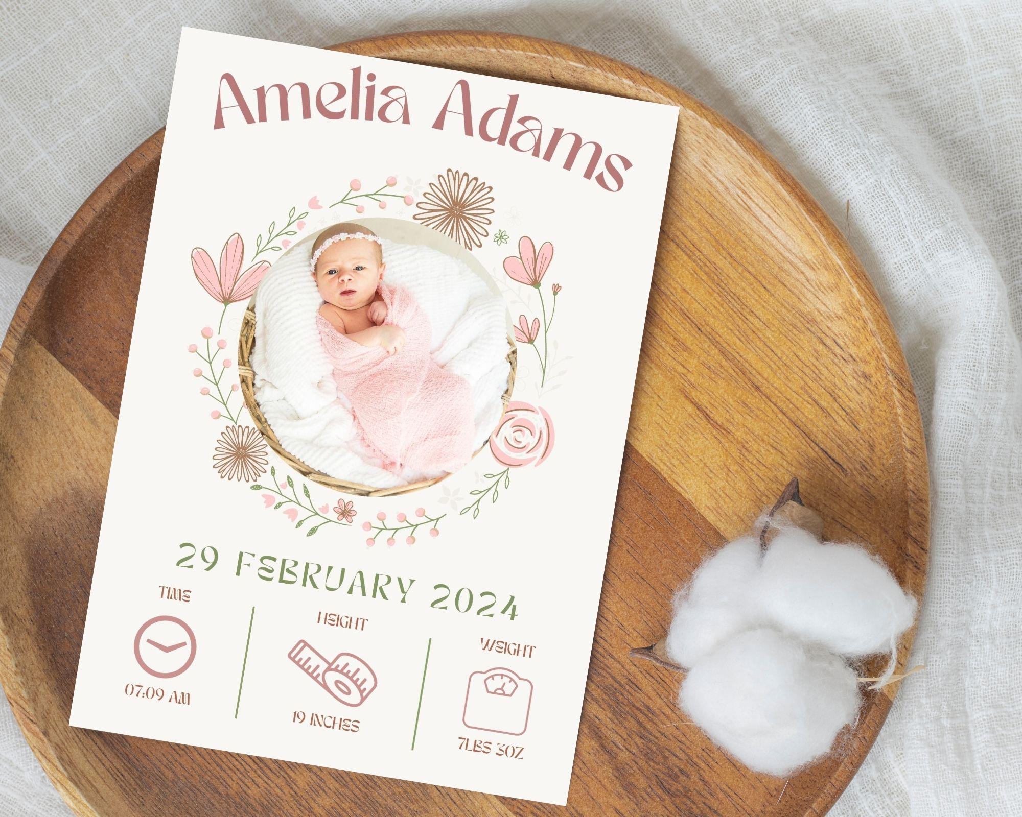 Editable Newborn Floral Card - Customizable Canva Template - Instant ...